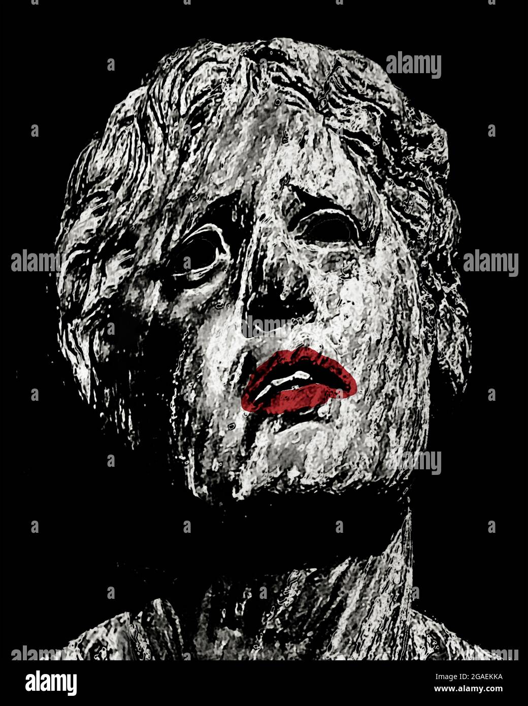 Creepy style woman head with scary expression over black background ...