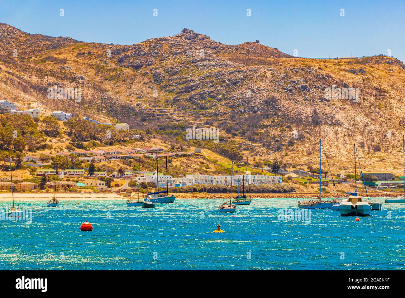 False Bay coast landscape with yachts boats jetty Long Beach and ...