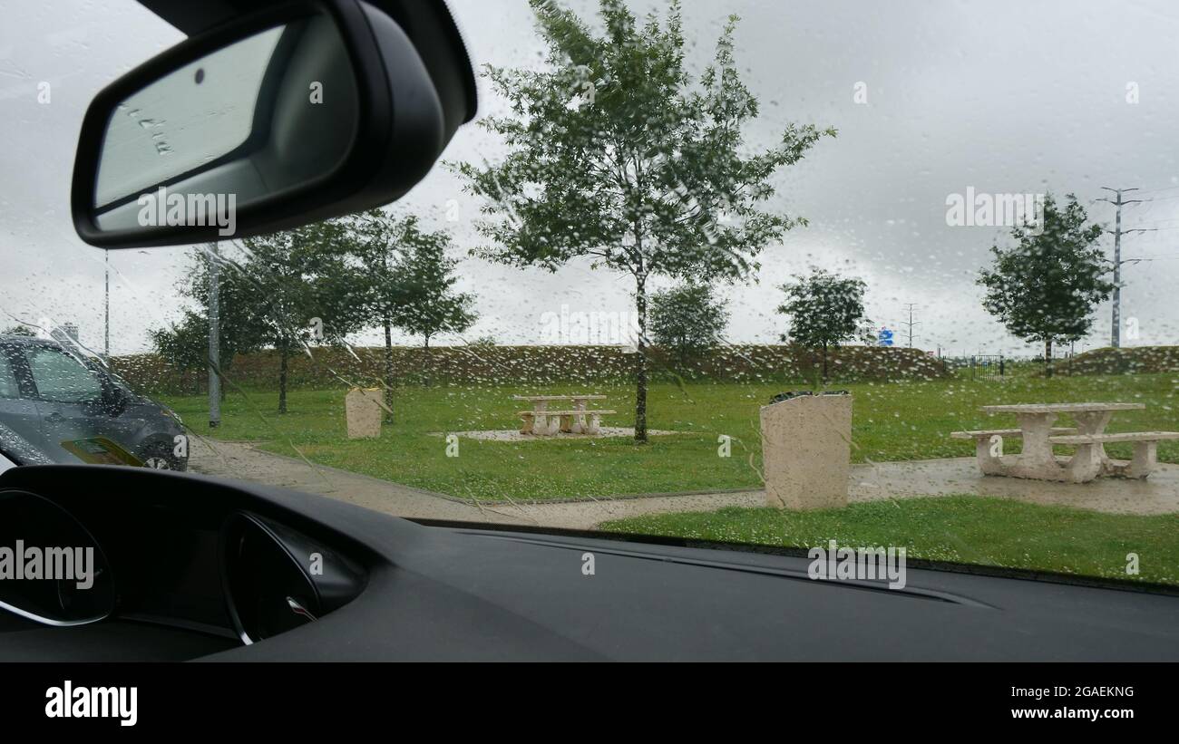 Rest area under a heavy rain, A10 motorway to Normandy, France Stock ...