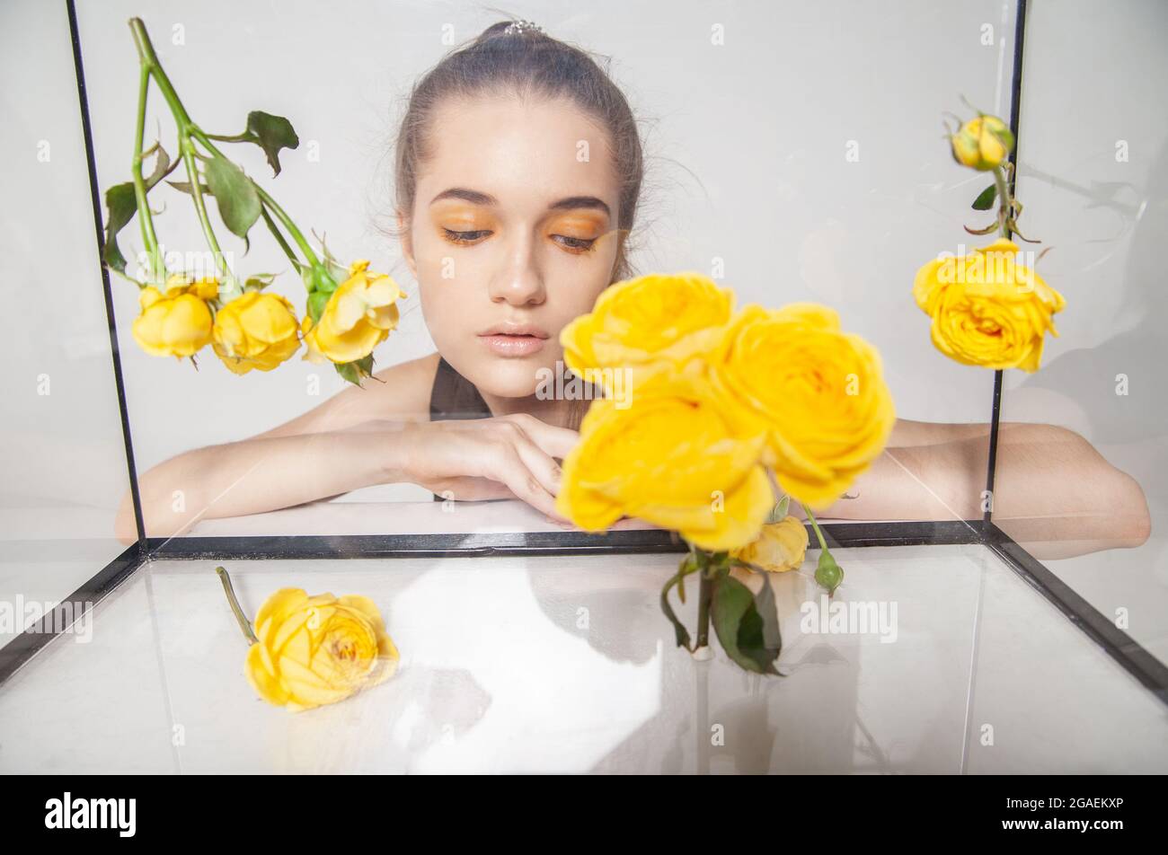 Female model behind glass box with flowers Stock Photo - Alamy