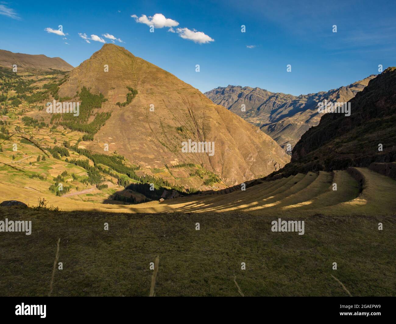 Pisac, Peru - May 2016: Farmland terraces next to the ruins in the city ...
