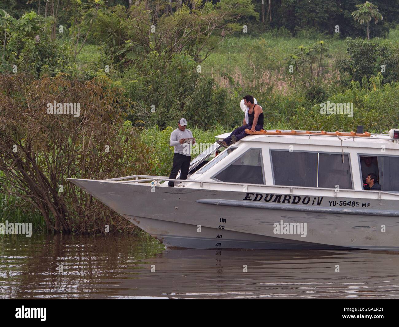 Pebas, Peru - December 04 , 2018: Speed boat on the Amazon River. It ...