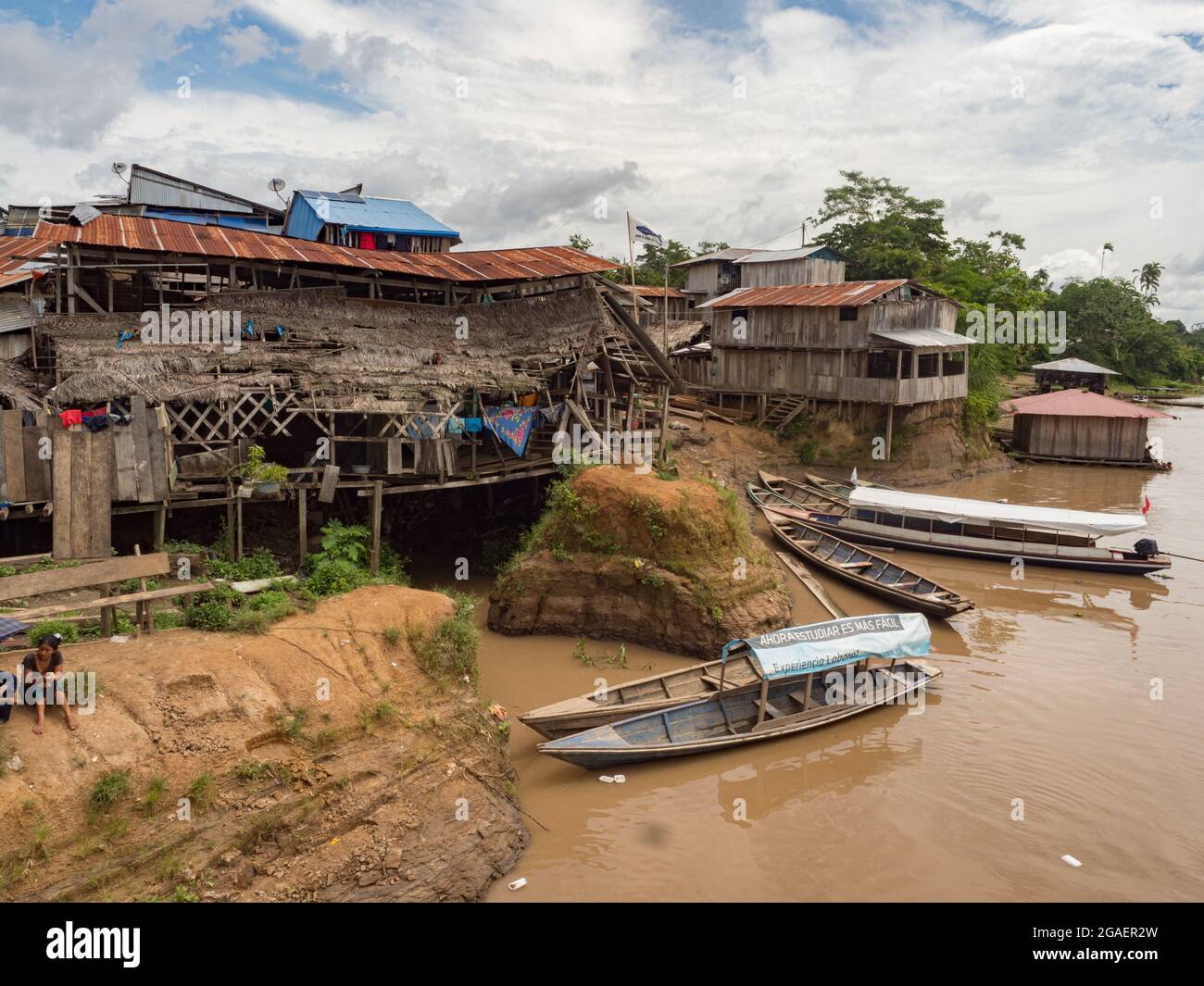 Amazon River, Peru - May 12, 2016: Small village on the bank of the ...