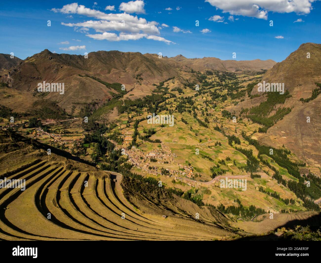 Pisac, Peru - May 2016: Farmland terraces next to the ruins in the city ...