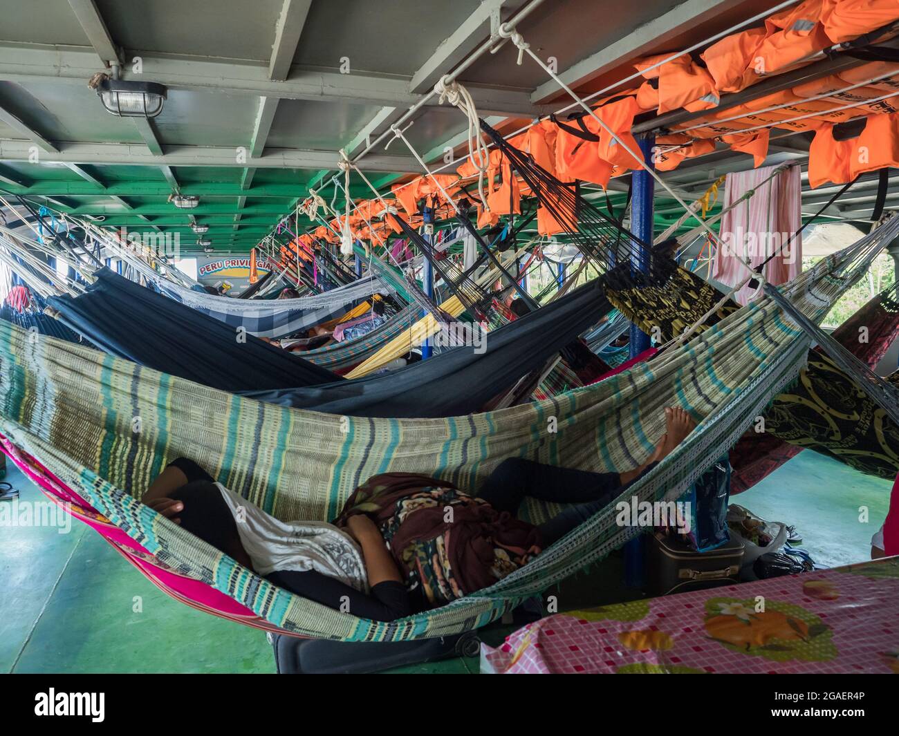 Amazon River, Peru - March 25, 2018: Beautiful, colorful hammocks on ...