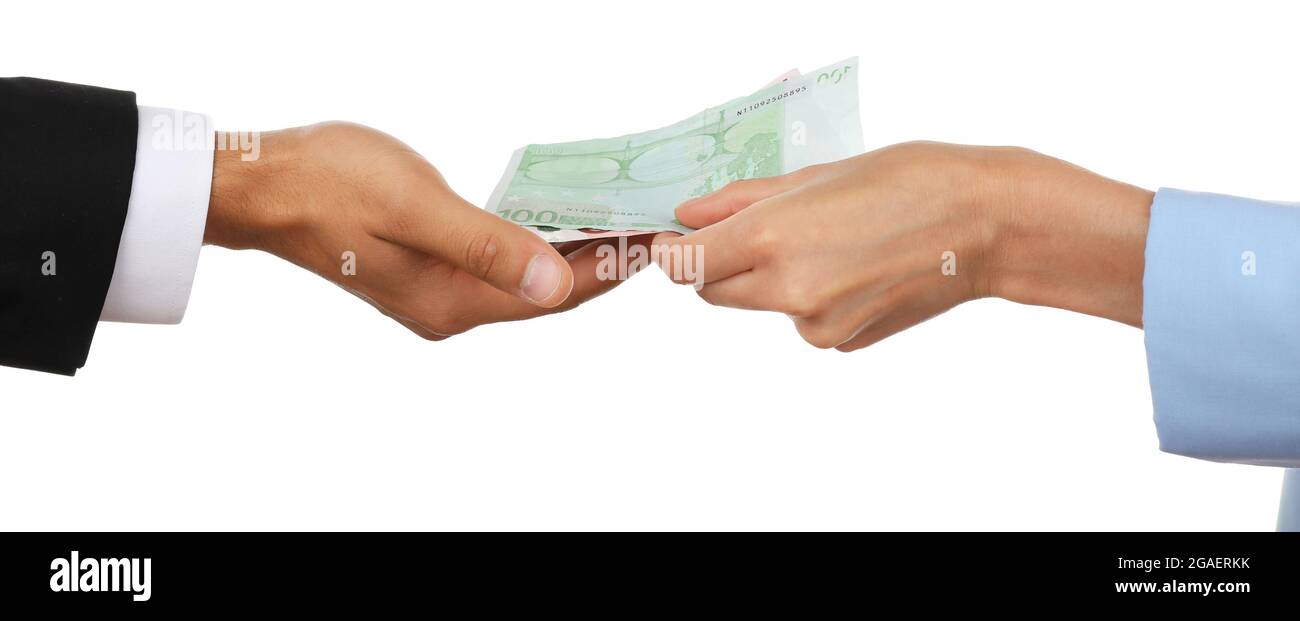 Woman hand takes money from the man's hand, isolated on white Stock ...