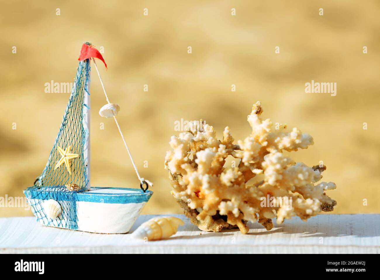 Beautiful sea composition with ship on sand beach background Stock ...