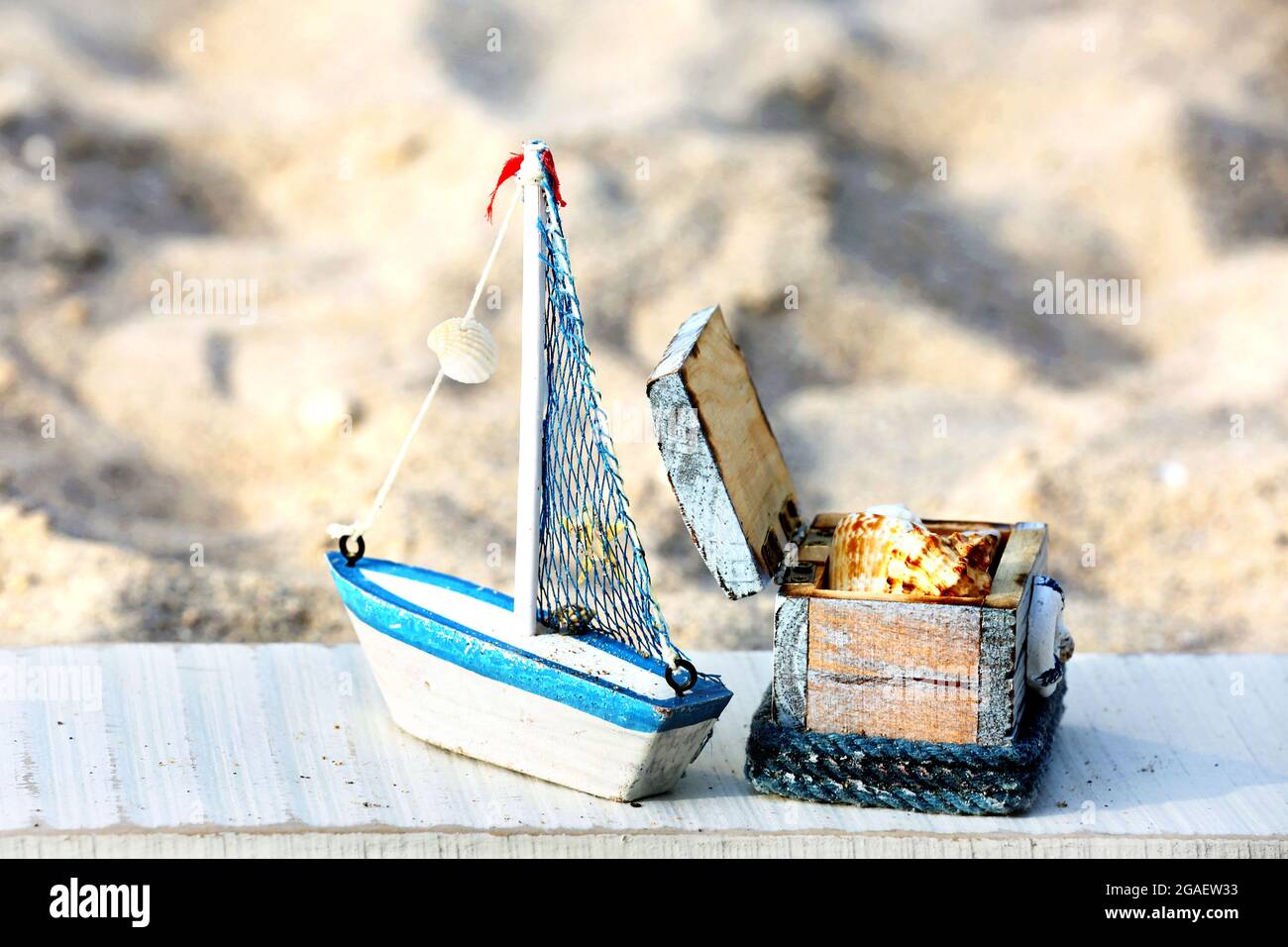 Beautiful sea composition with ship on sand beach background Stock ...