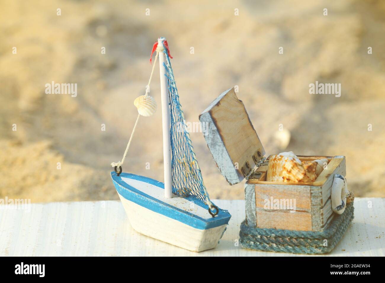 Beautiful sea composition with ship on sand beach background Stock ...