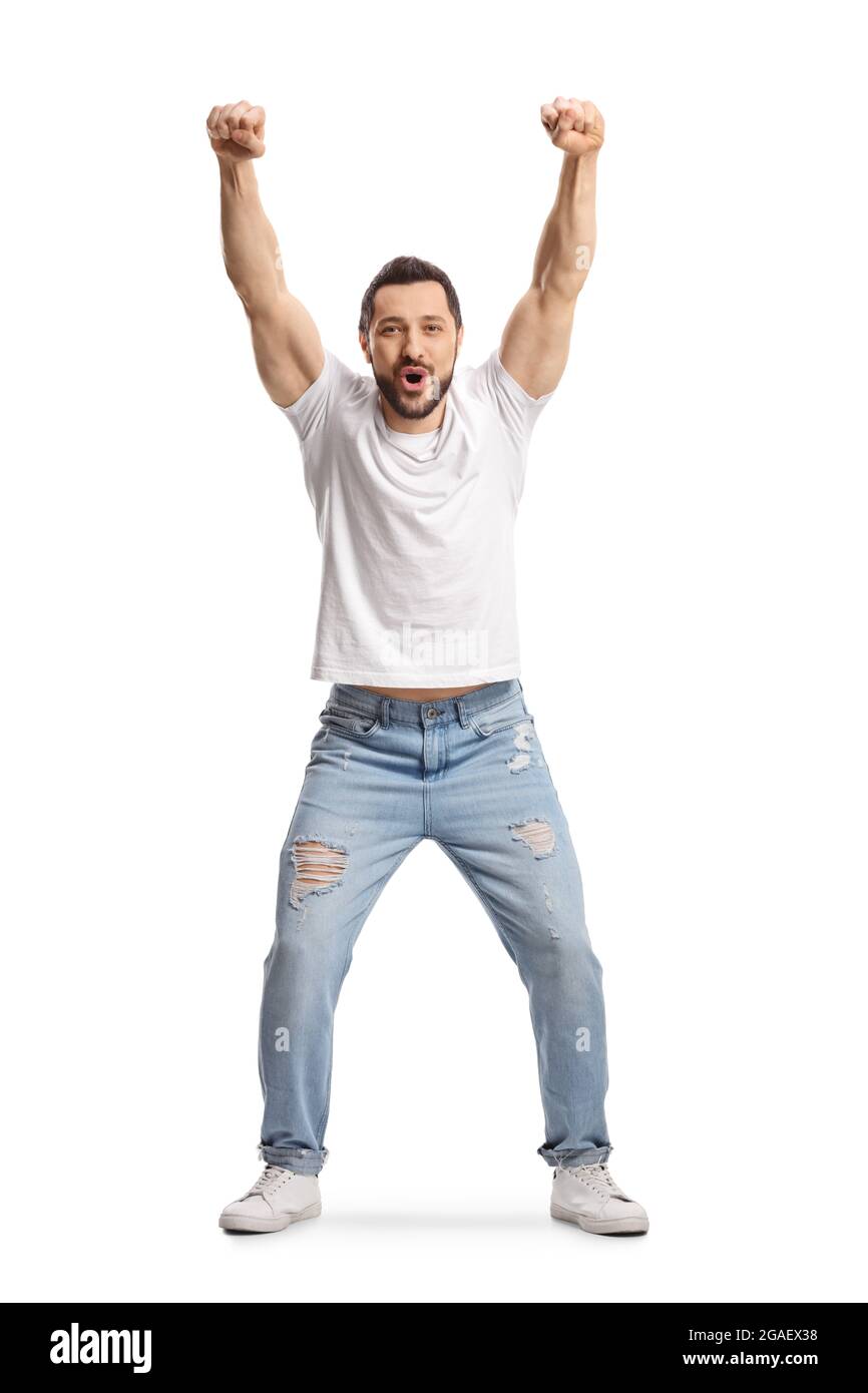 Full length portrait of a young man cheering isolated on white ...