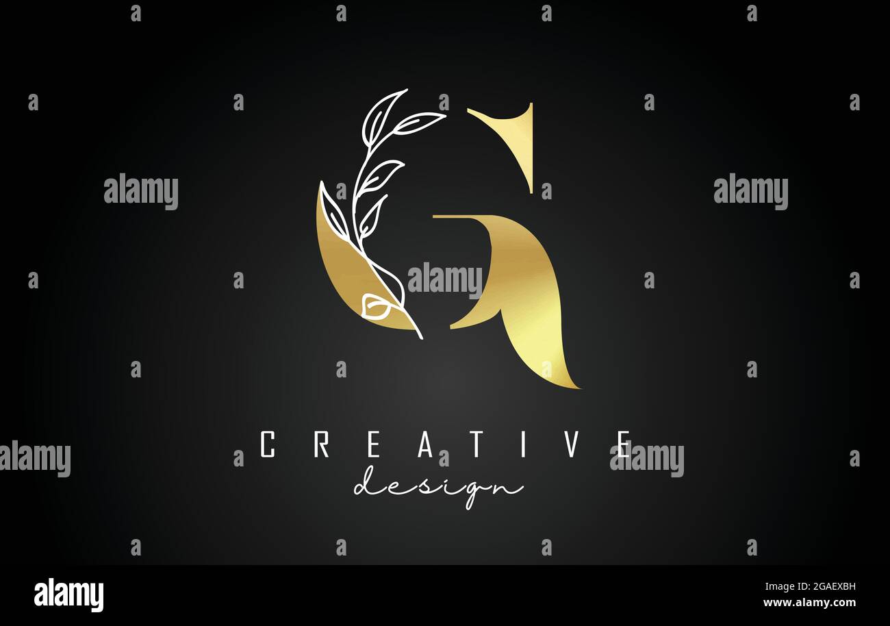 Golden G letter logo design with white leaves branch vector ...