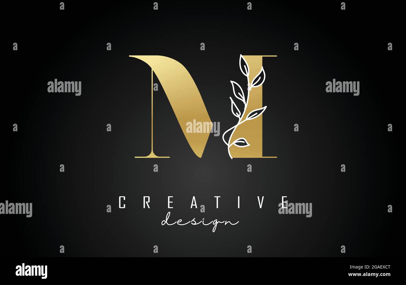 Golden M letter logo design with white leaves branch vector ...