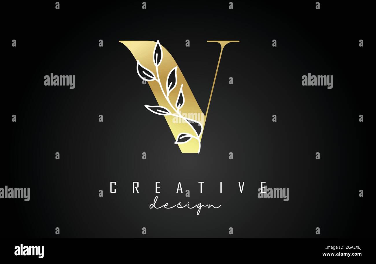 Golden V letter logo design with white leaves branch vector ...