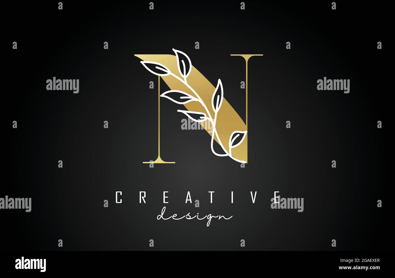 Golden N letter logo design with white leaves branch vector ...