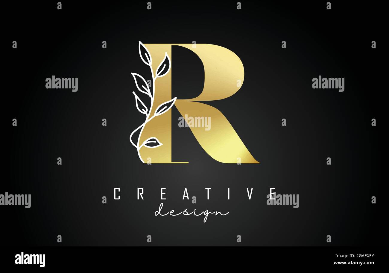 Golden R letter logo design with white leaves branch vector ...