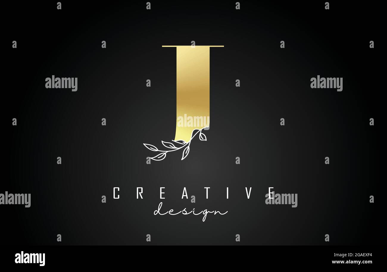 Golden J letter logo design with white leaves branch vector ...