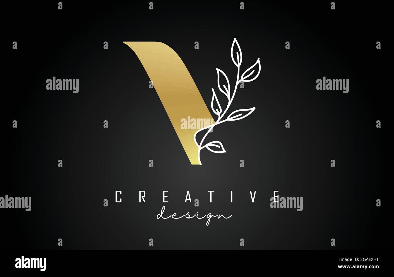 Golden V letter logo design with white leaves branch vector ...