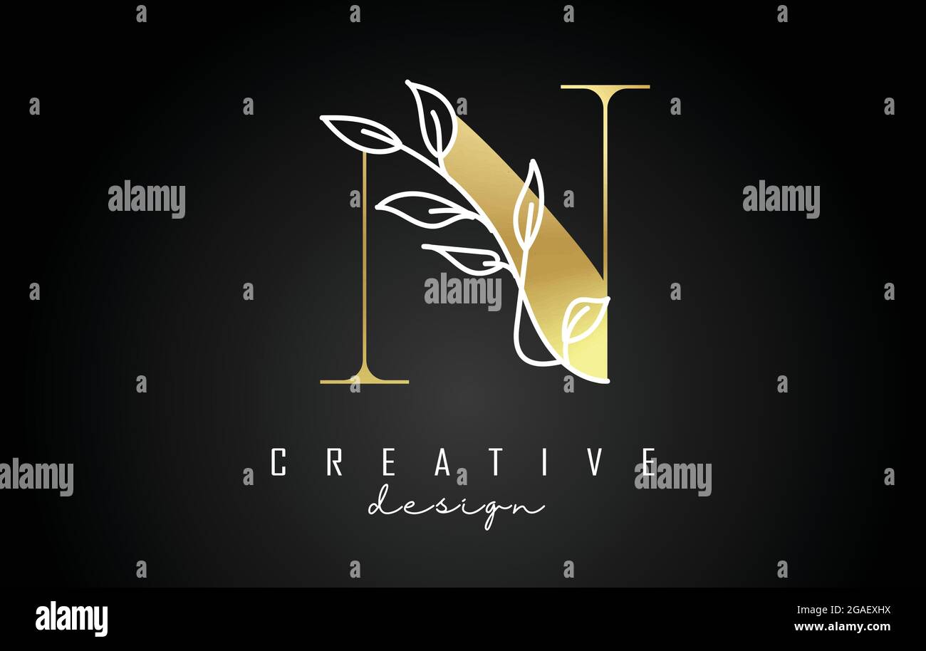 Golden N letter logo design with white leaves branch vector ...