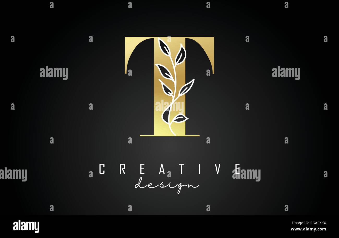 Golden T letter logo design with white leaves branch vector ...