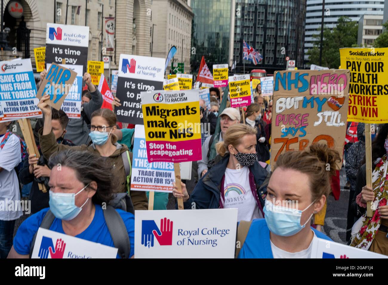 London, UK - July 30 2021: NHS No to 3% Protest from Waterloo Bridge to ...