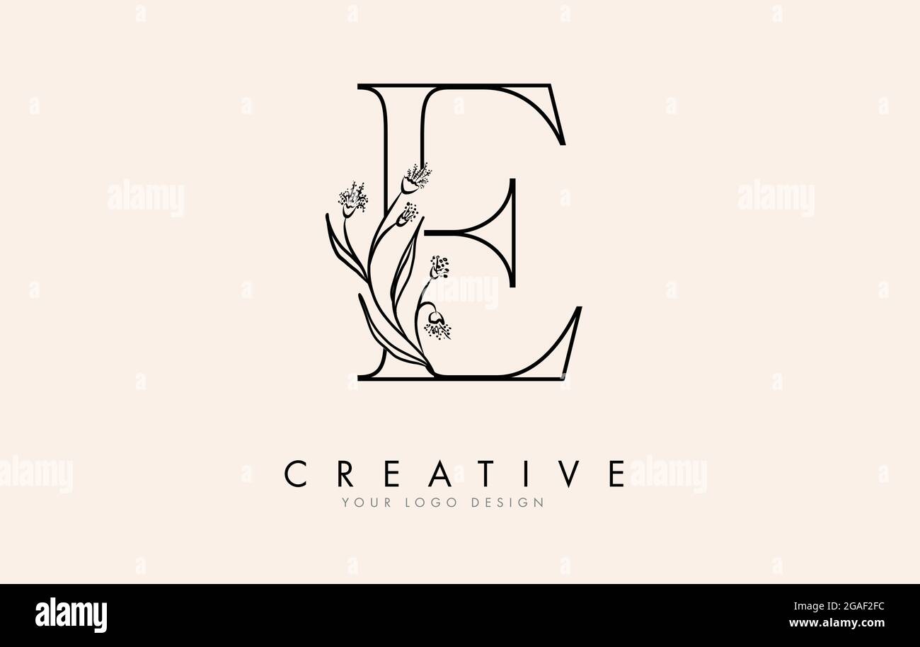 Black Outline E letter logo design with black flowers vector ...