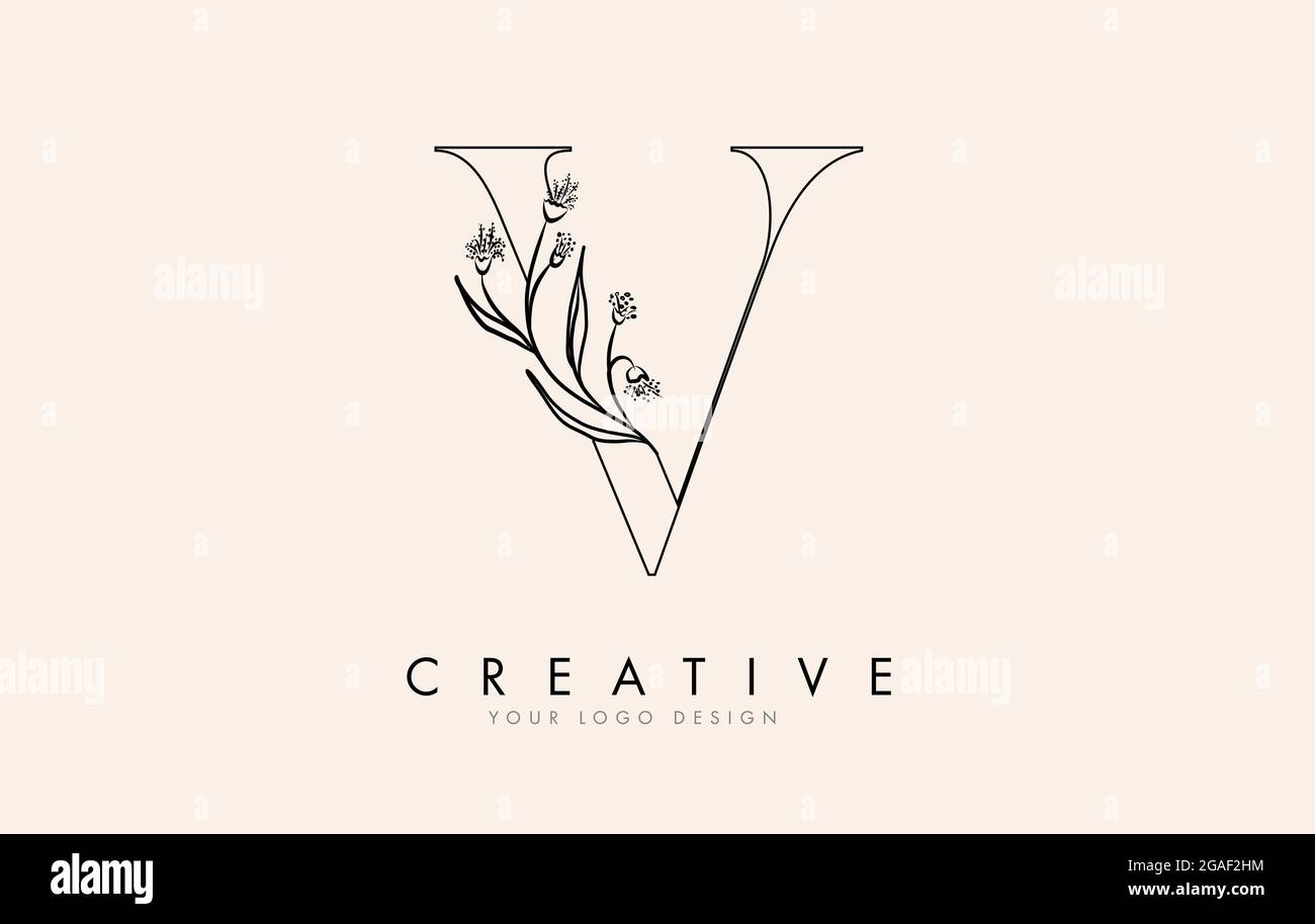 Black Outline V letter logo design with black flowers vector ...