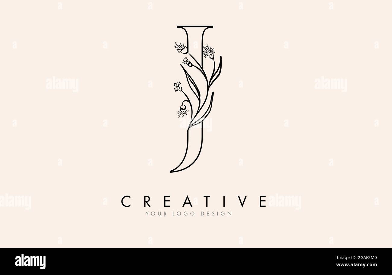 Black Outline J letter logo design with black flowers vector ...
