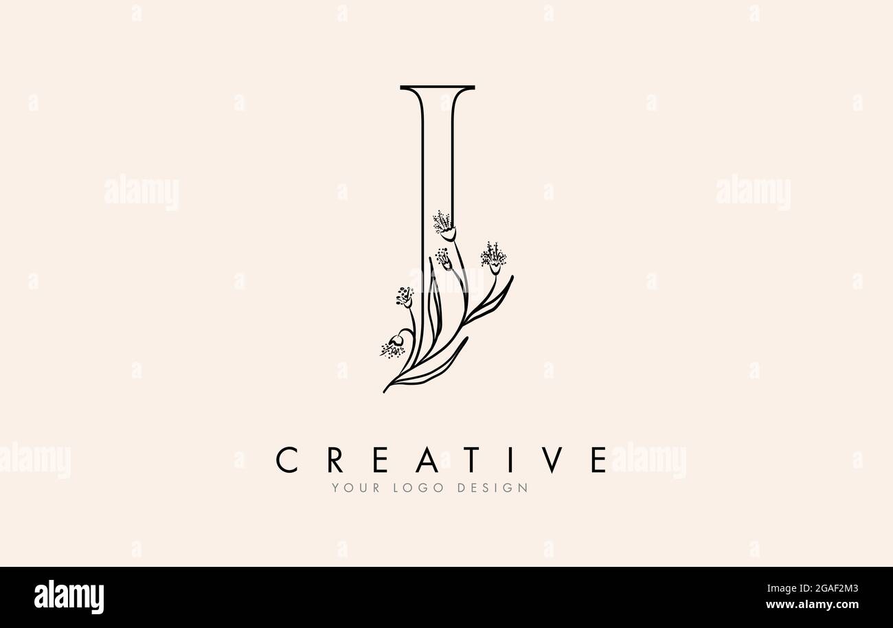 Black Outline J letter logo design with black flowers vector ...