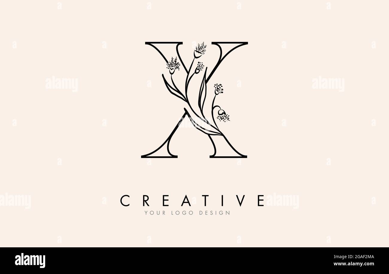 Black Outline X letter logo design with black flowers vector ...