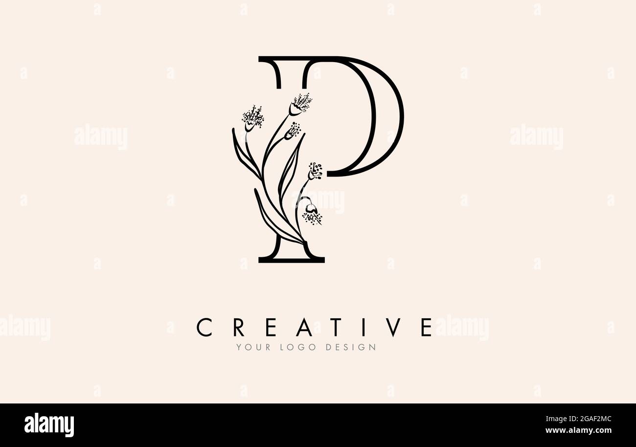 Black Outline P letter logo design with black flowers vector ...
