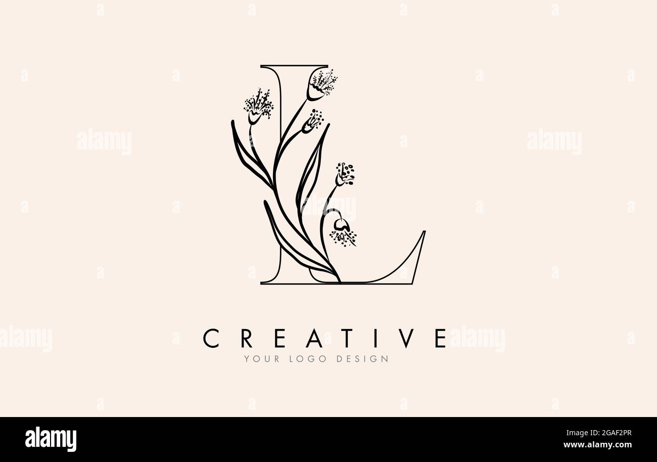 Black Outline L letter logo design with black flowers vector ...