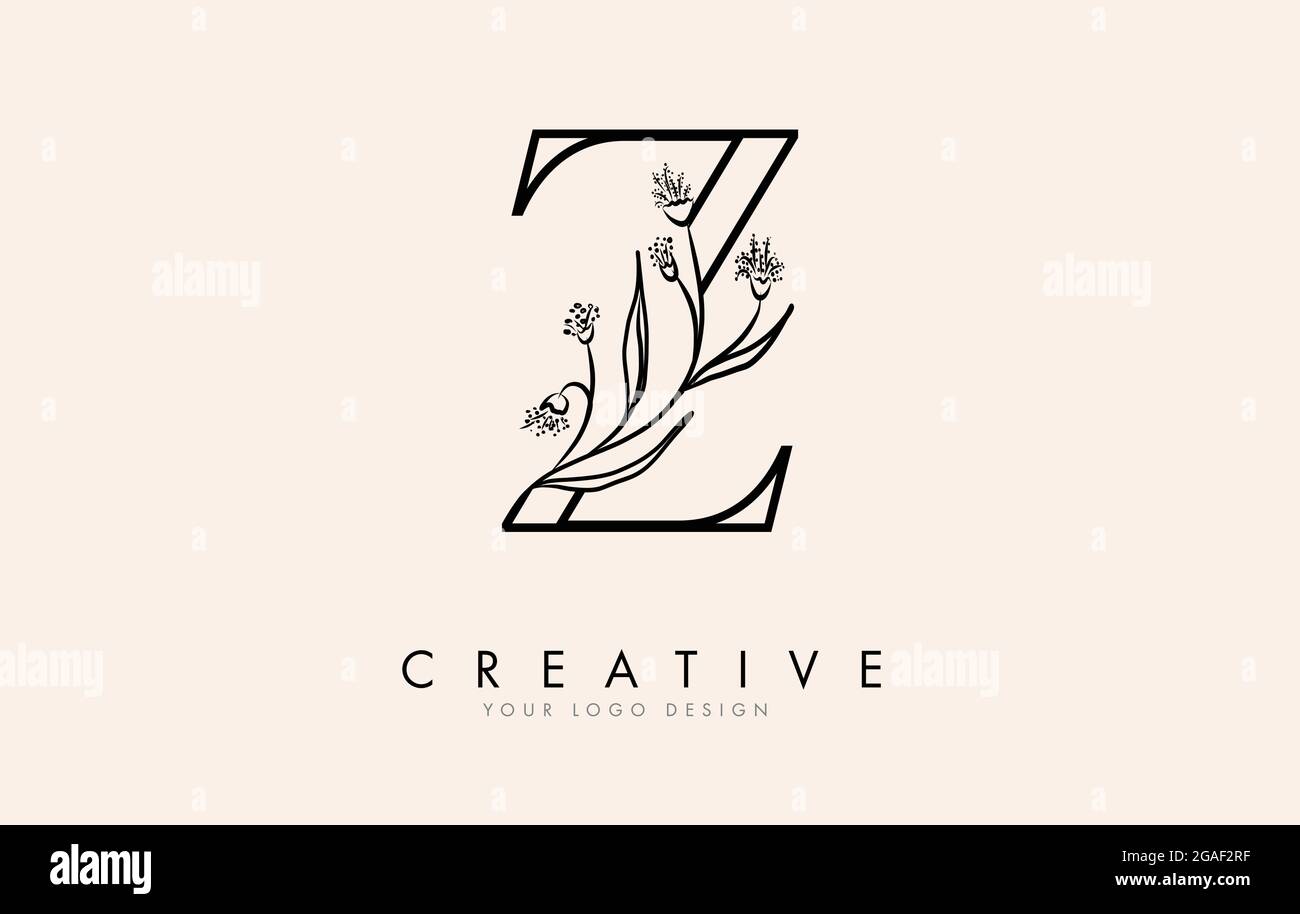 Black Outline Z letter logo design with black flowers vector ...