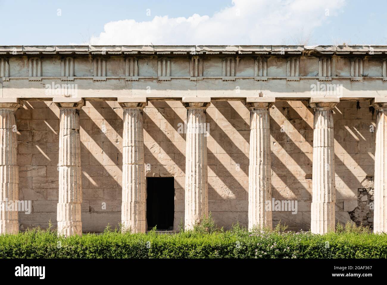 Facade of Temple of Hephaestus in Athens. Greek Doric-style architecture, columns, architrave ...