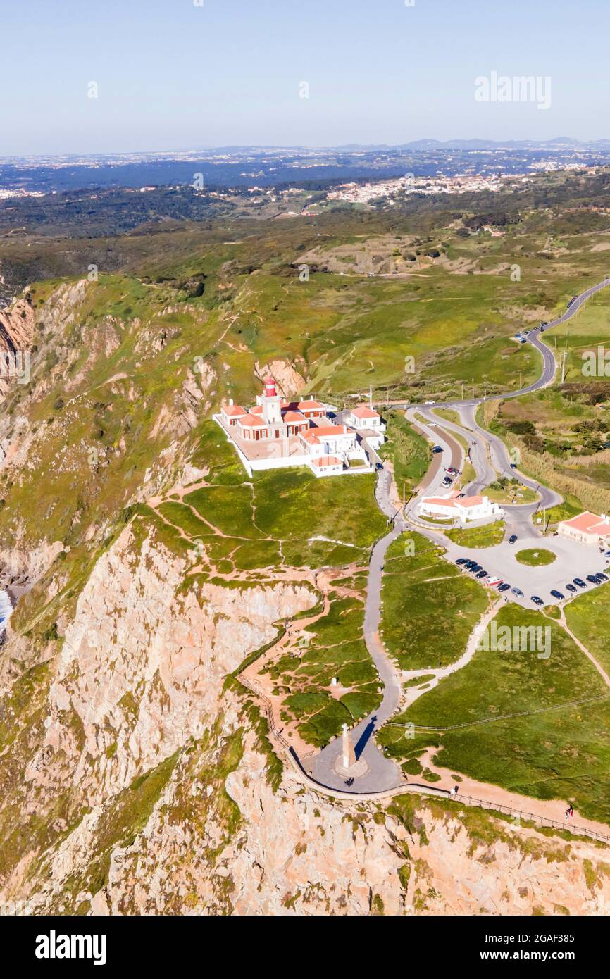 Aerial view of cliffy coastline in Cabo da Roca facing Atlantic Ocean ...
