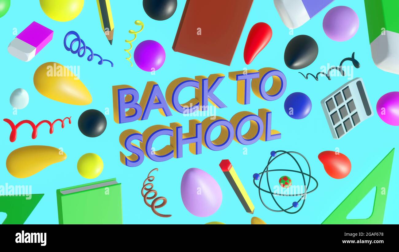 Colorful illustration with message and school supplies Stock Photo - Alamy