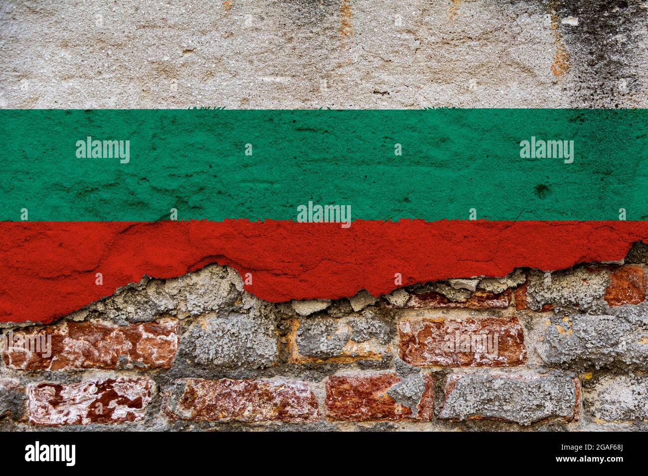 Graphic Concept with a Flag of Bulgaria painted on a damaged brick wall ...