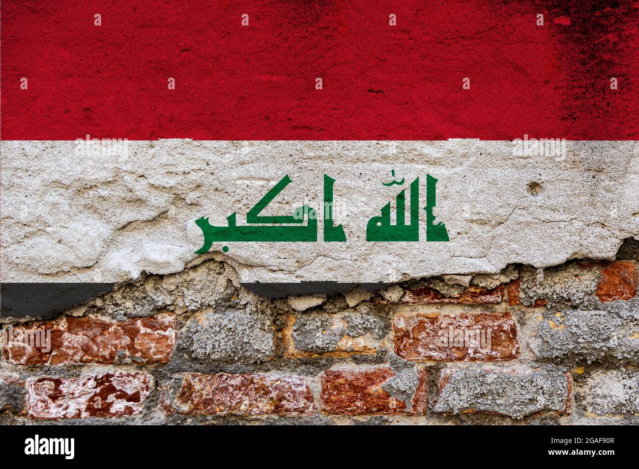 Graphic Concept with a Flag of Iraq painted on a damaged brick wall ...