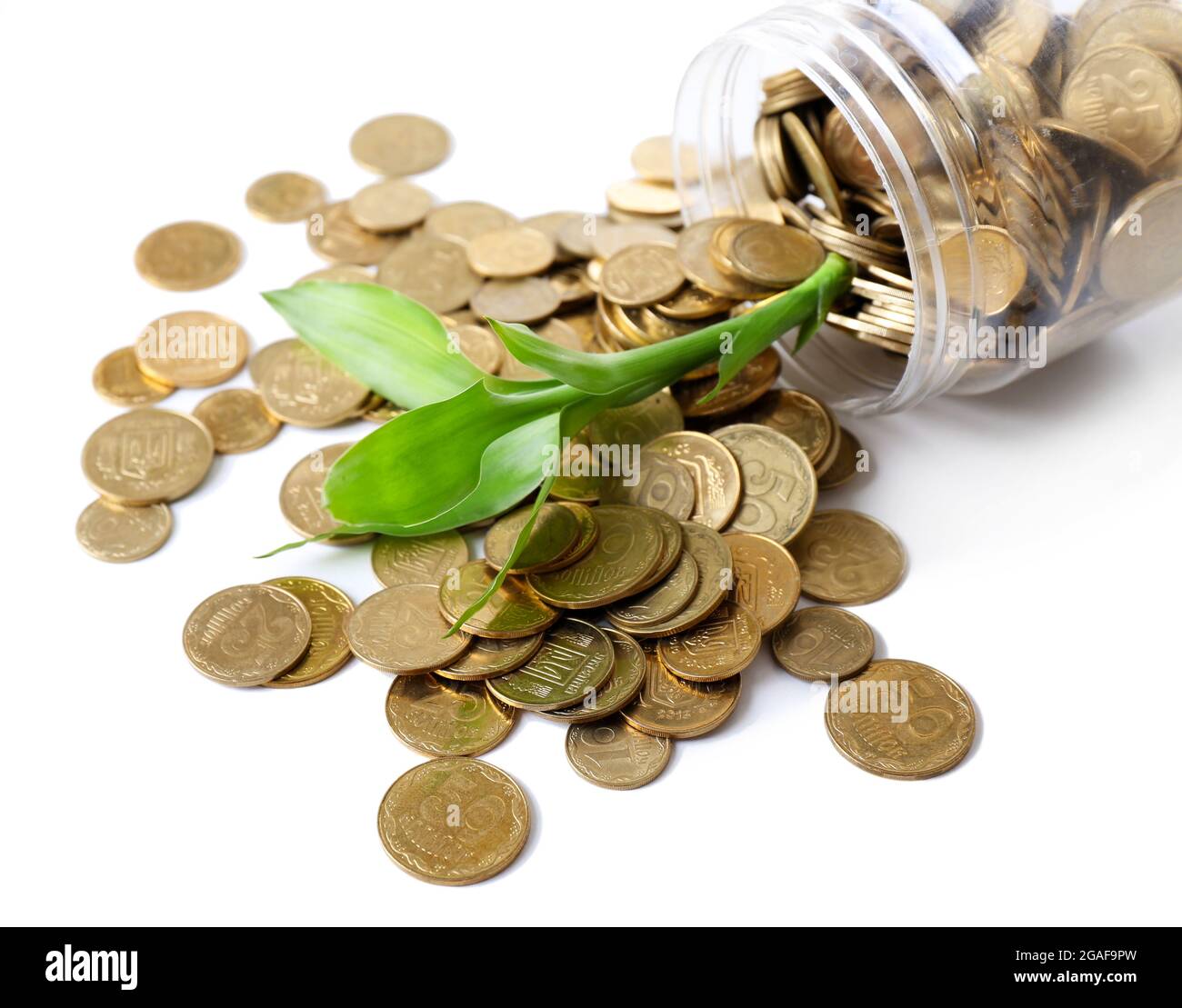 Plant growing in coins scattered from the bottle Stock Photo - Alamy