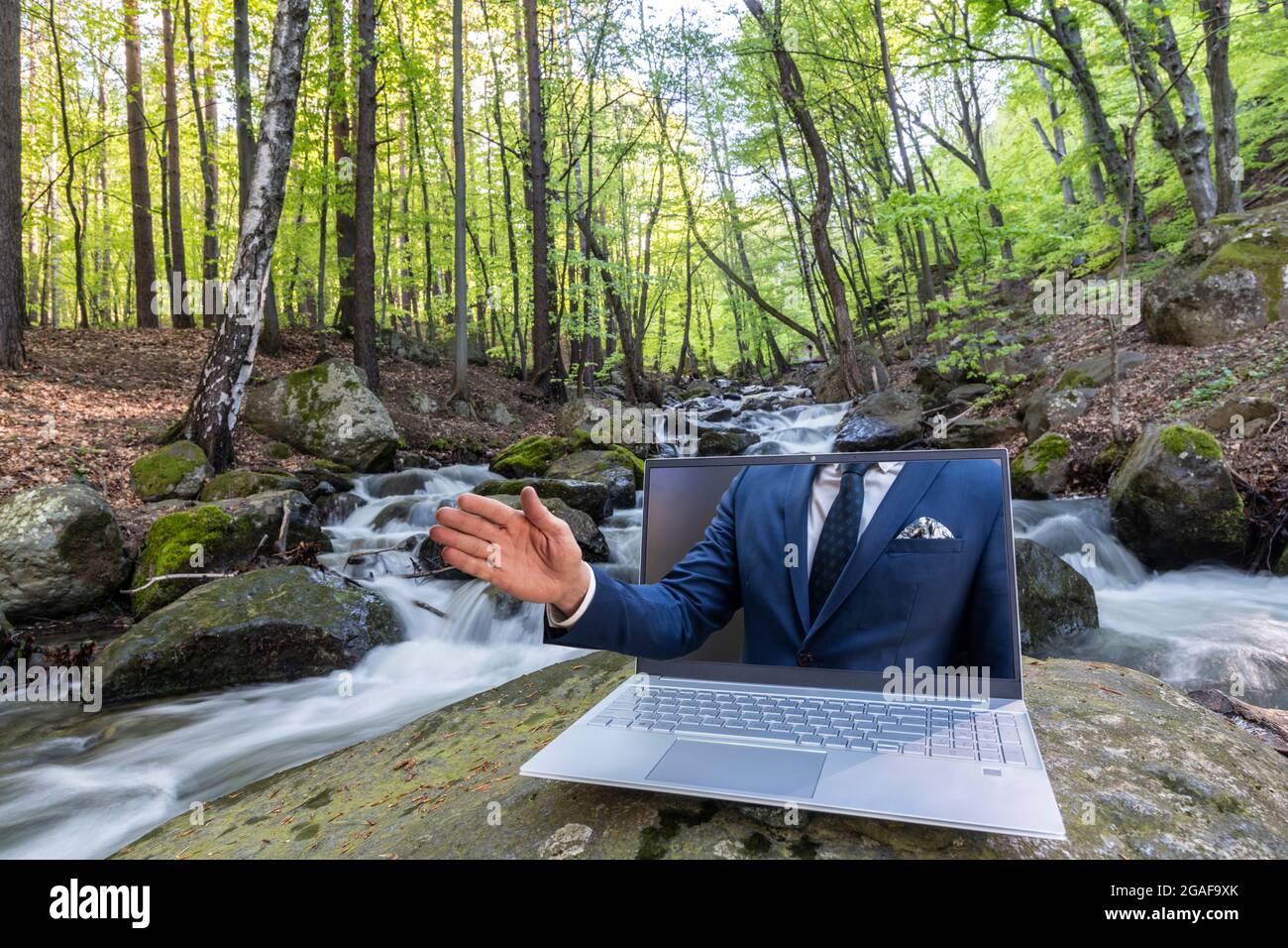 A man giving a hand to nature from a laptop. Beautiful spring scenery ...