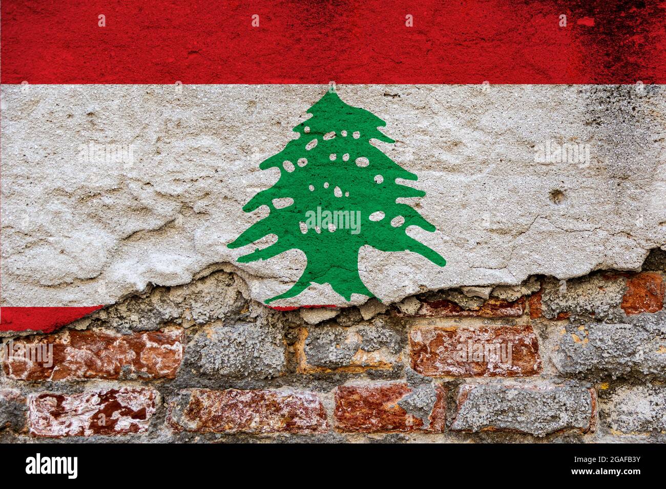 Graphic Concept with a Flag of Lebanon painted on a damaged brick wall ...