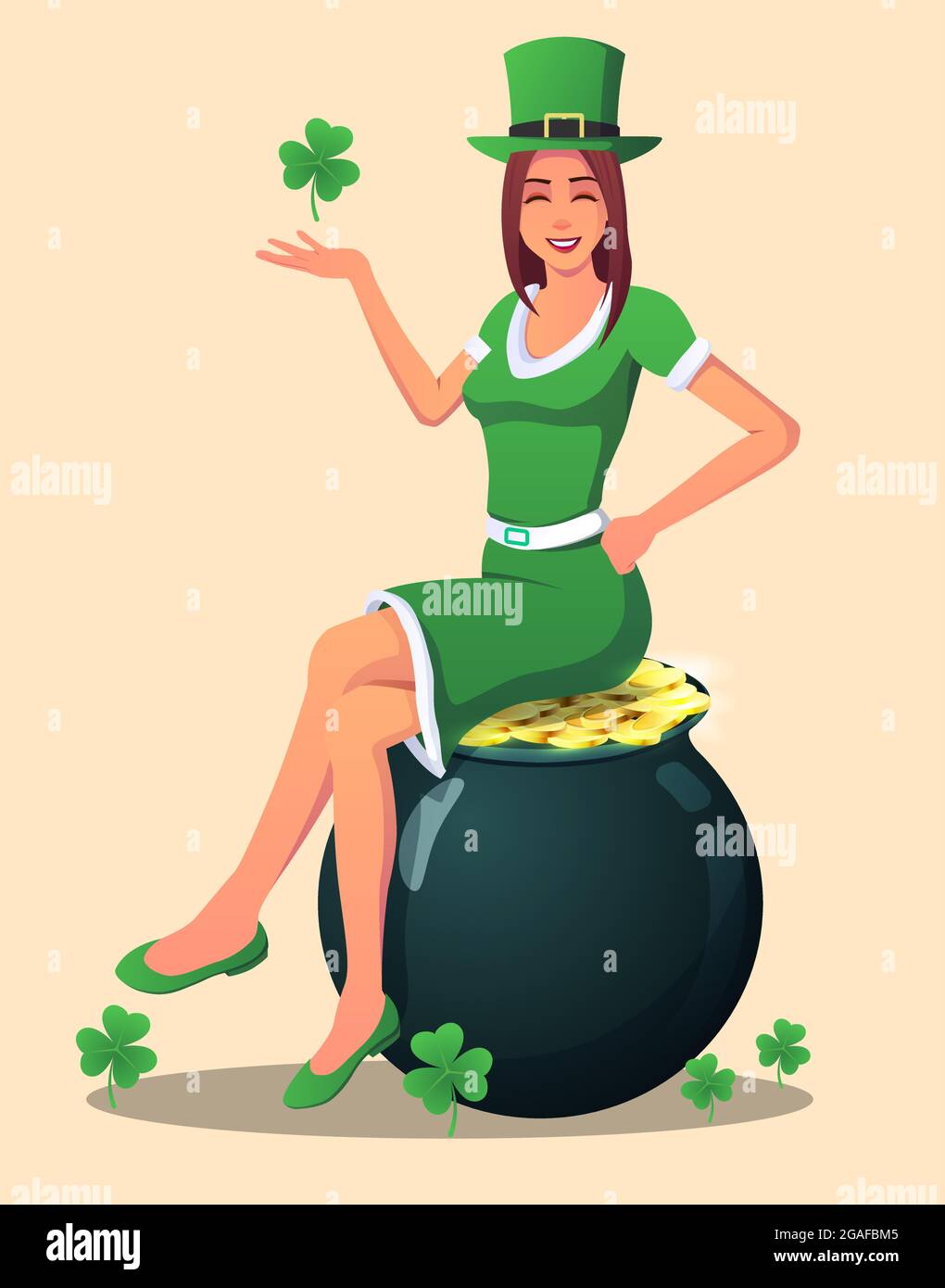 Saint Patrick Day Woman dressed in Green And Sitting On Gold Pot Vector ...