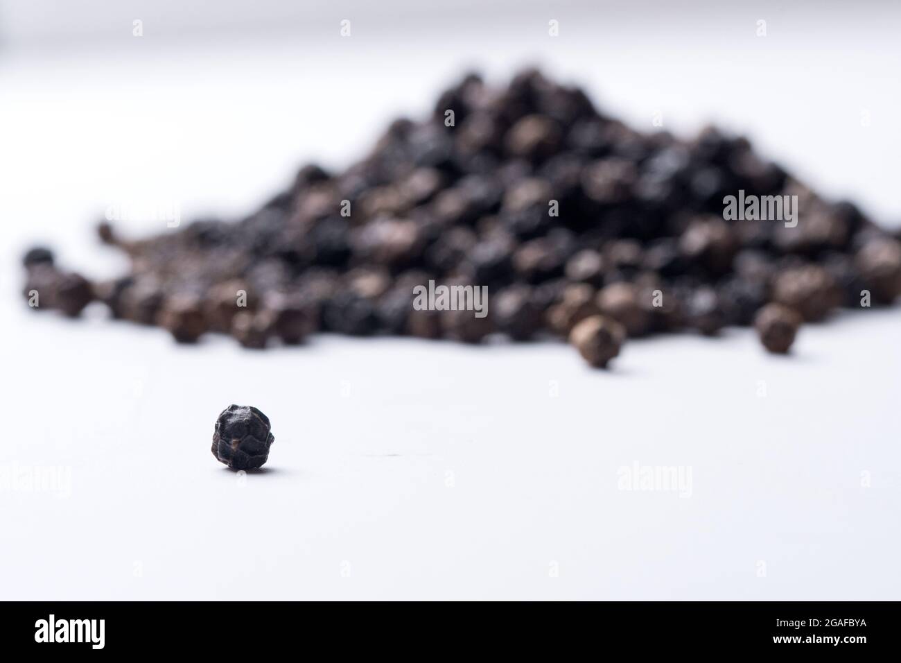 Black pepper, Piper nigrum, one seed isolated and shot against white ...