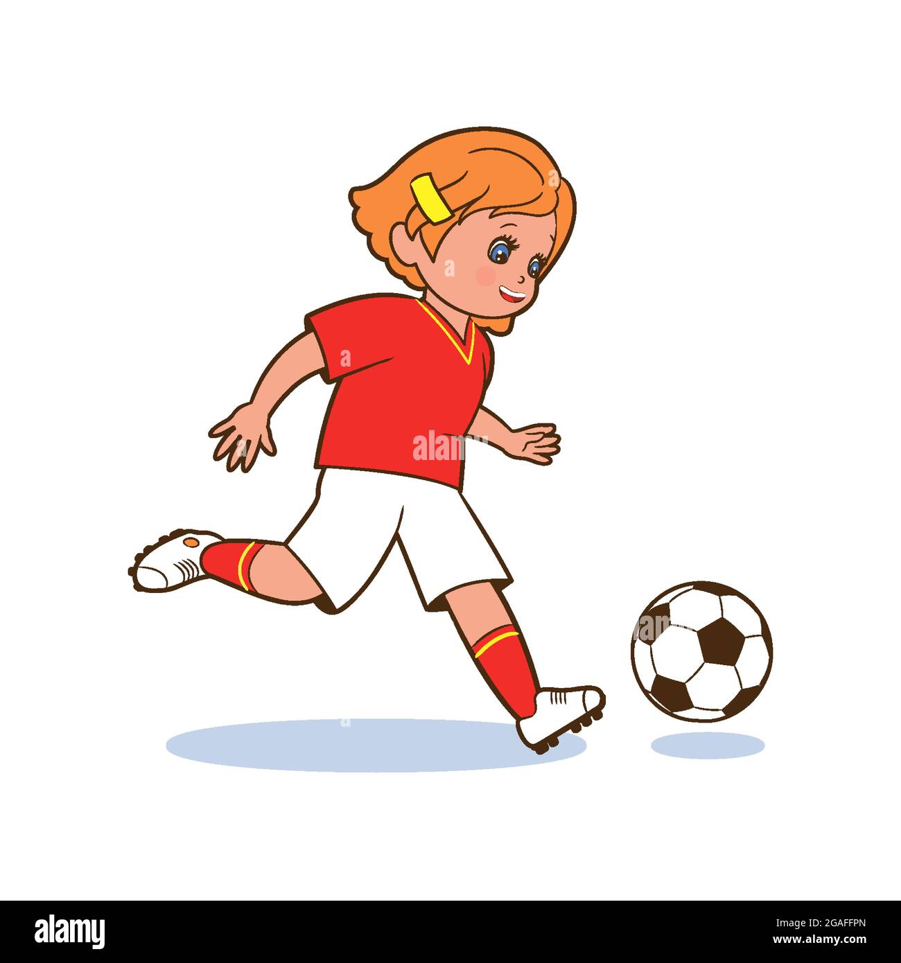 A young girl football player plays with her feet a soccer ball ...