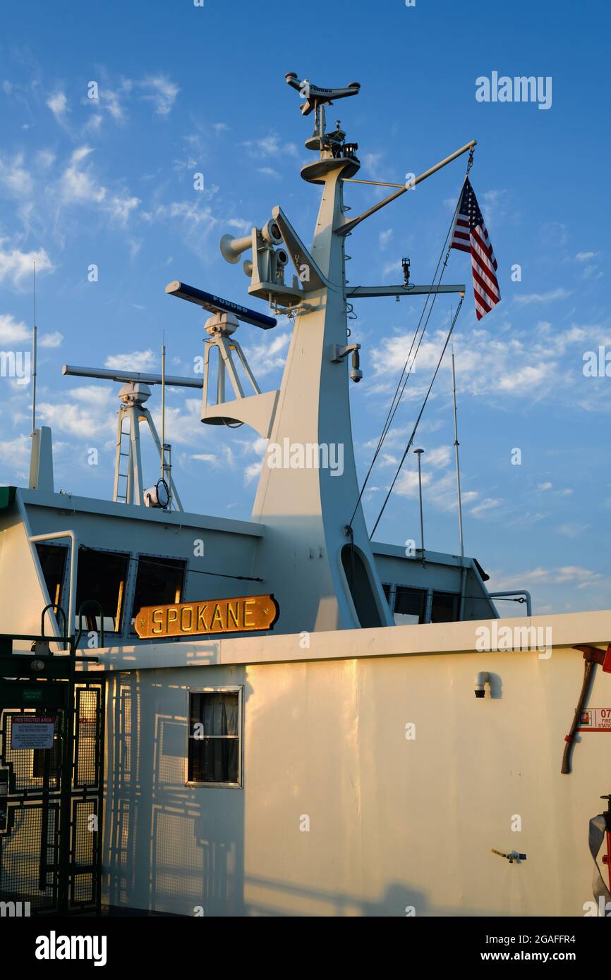 Puget Sound - July 27, 2021; Dawn light illuminates the mast and ...