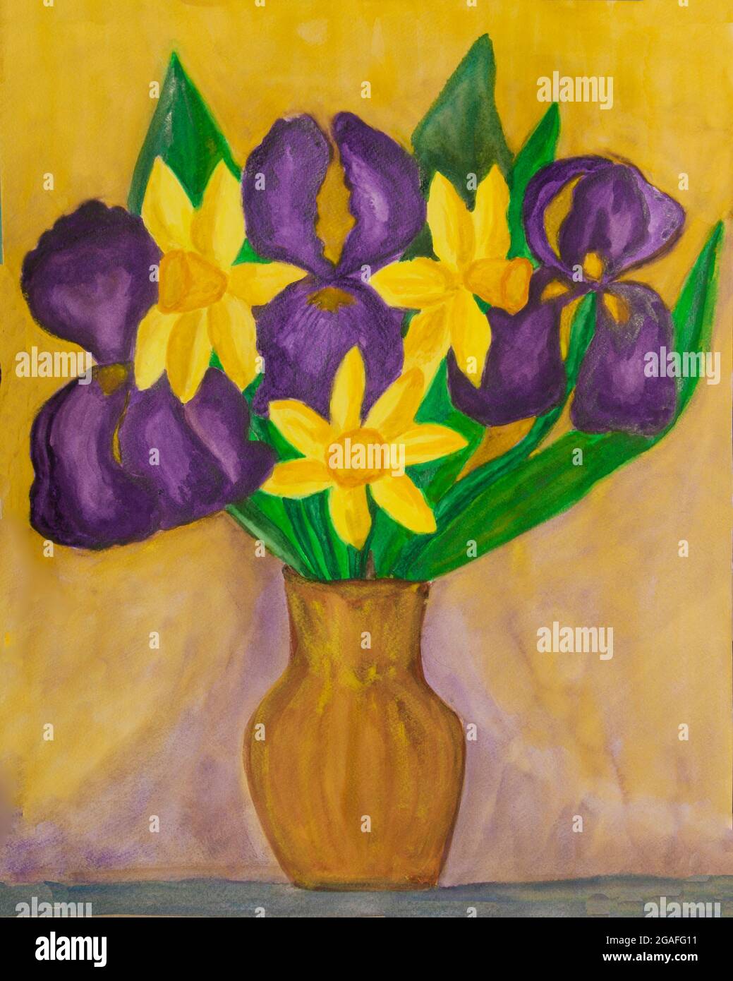 Violet irises and yellow daffodiles in vase watercolor painting Stock ...