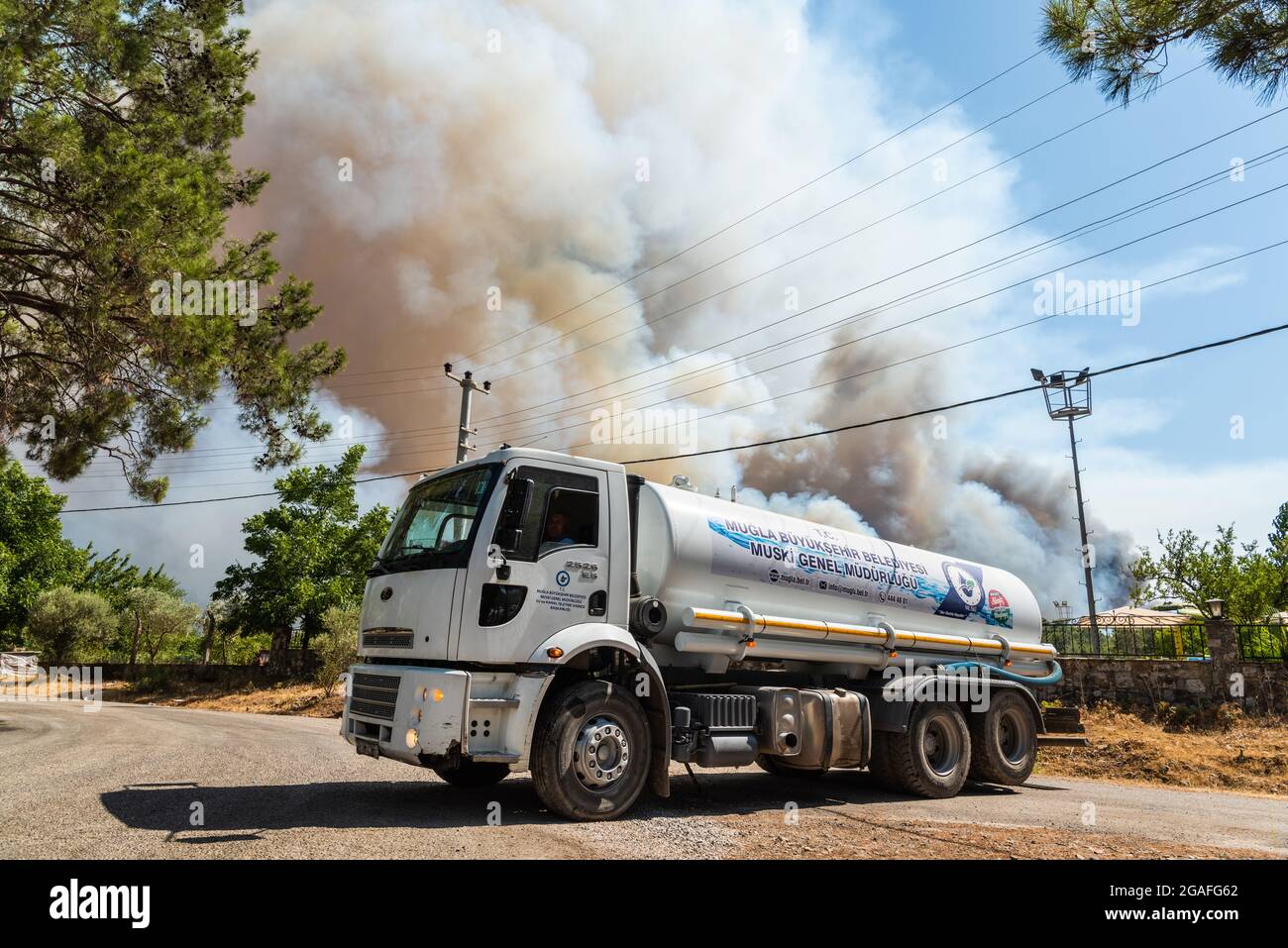 Marmaris, Mugla, Turkey – July 30, 2021. Water truck involved in a fire ...
