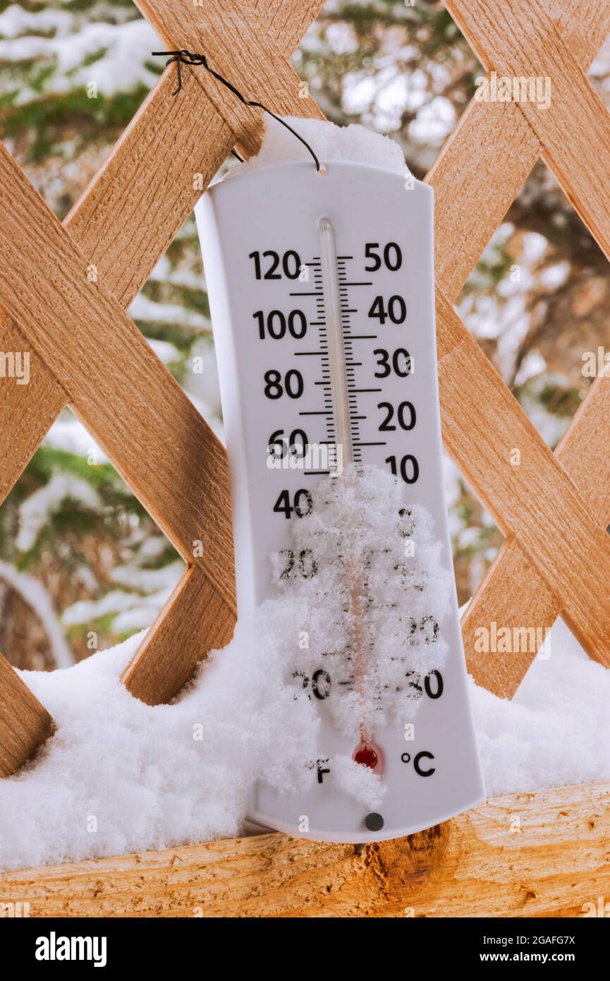 Outdoor wall thermometer with snow and temperature dropping in ...