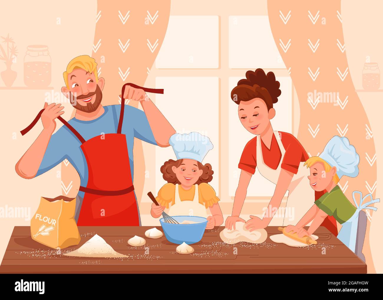 Family, mom, father, daughter and son cook pastries together on a large ...