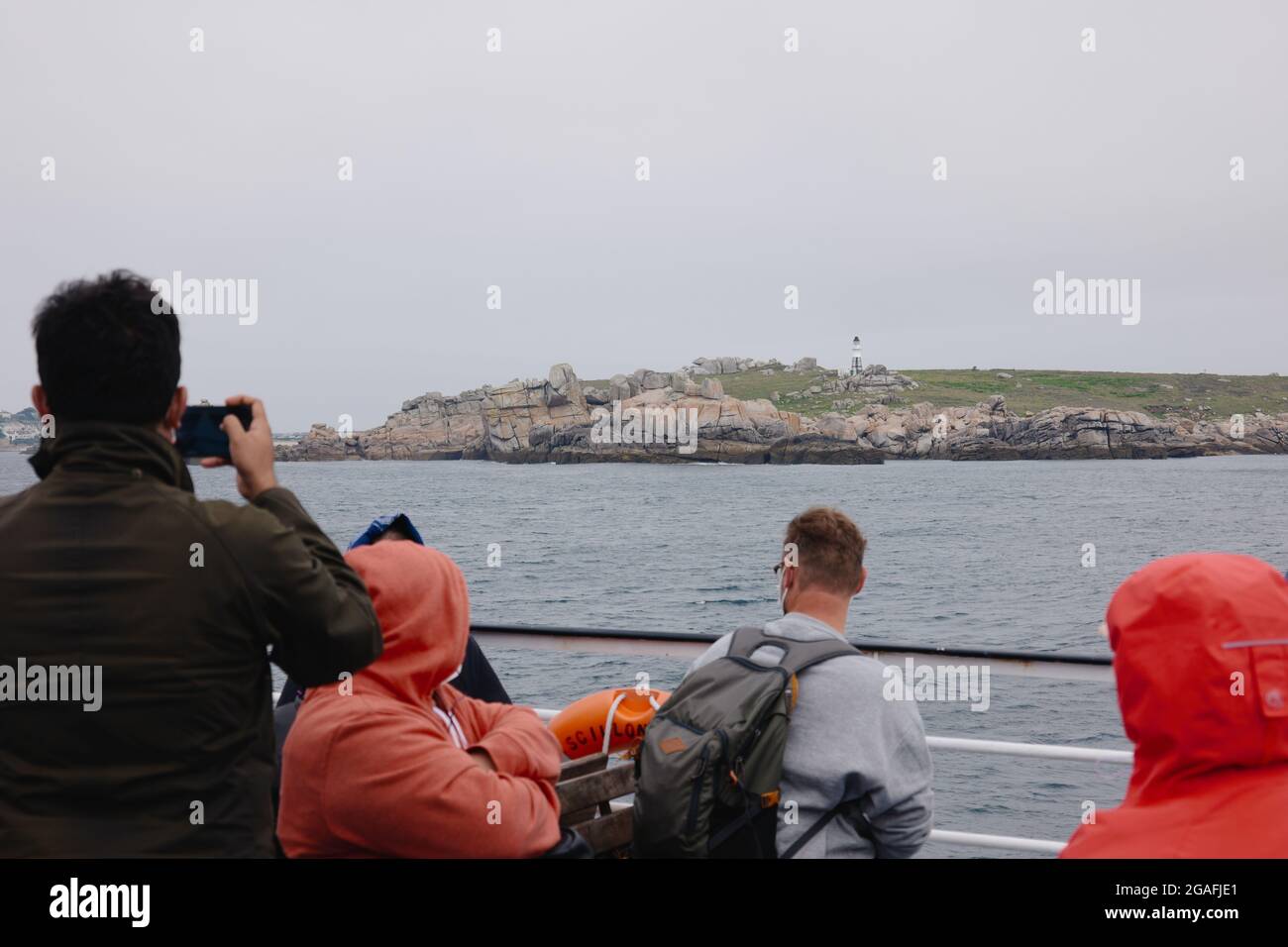 On board the Scillonian III ferry approaching St Mary's island harbour ...