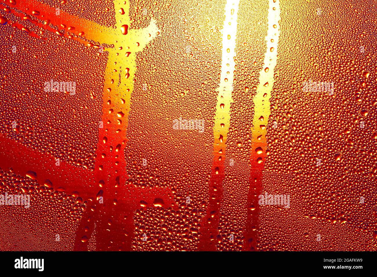Water drops at red illuminated background . Water condensation on the ...